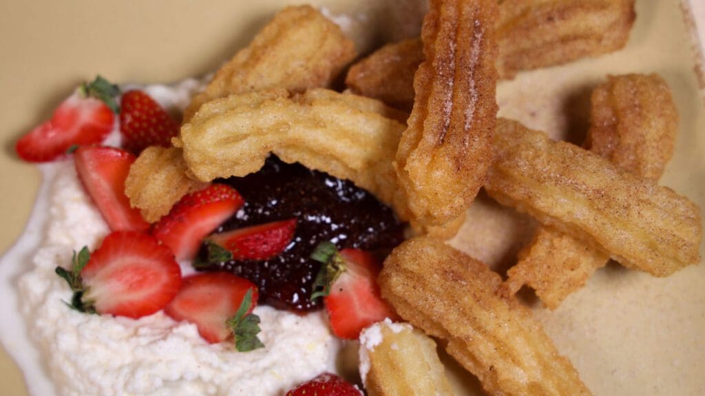 Churros with Whipped Vanilla Ricotta and Fresh Strawberry Jam - Gusto TV