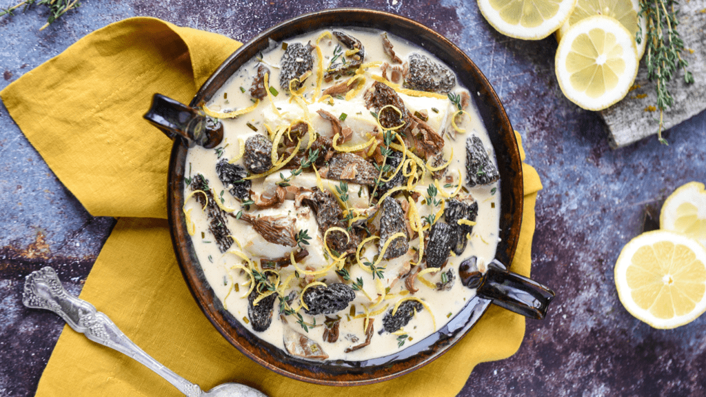 Foraged Mushroom Cream Sauce with Poached Fish - Gusto TV