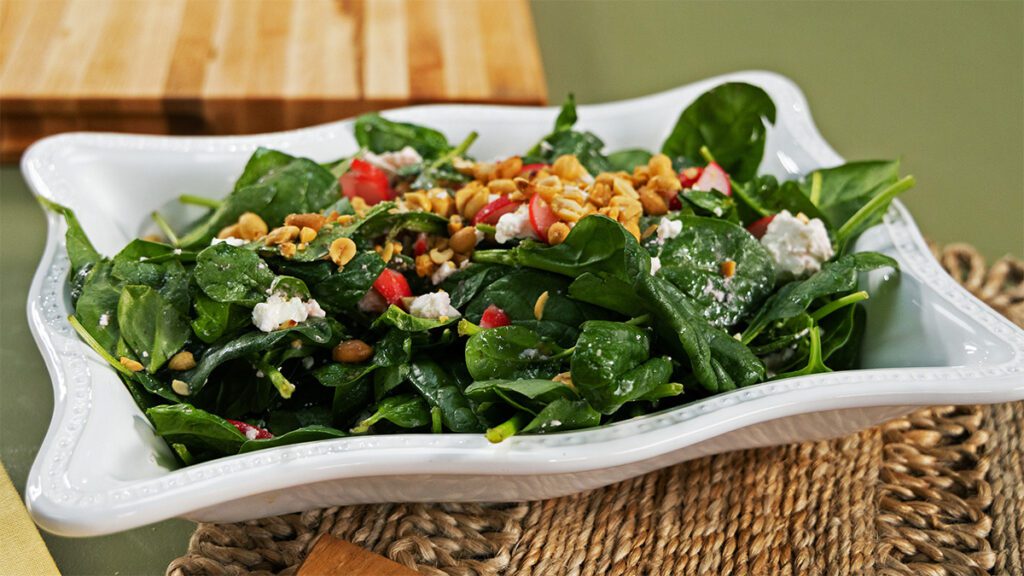 Spinach Salad with Pickled Radish, Candied Peanuts, and Feta Recipe ...